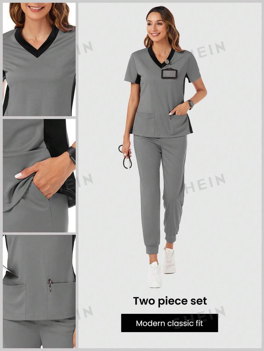 SHEIN TaskFit Women's Nursing Uniform Set, Including 2-Pocket Contrast ...