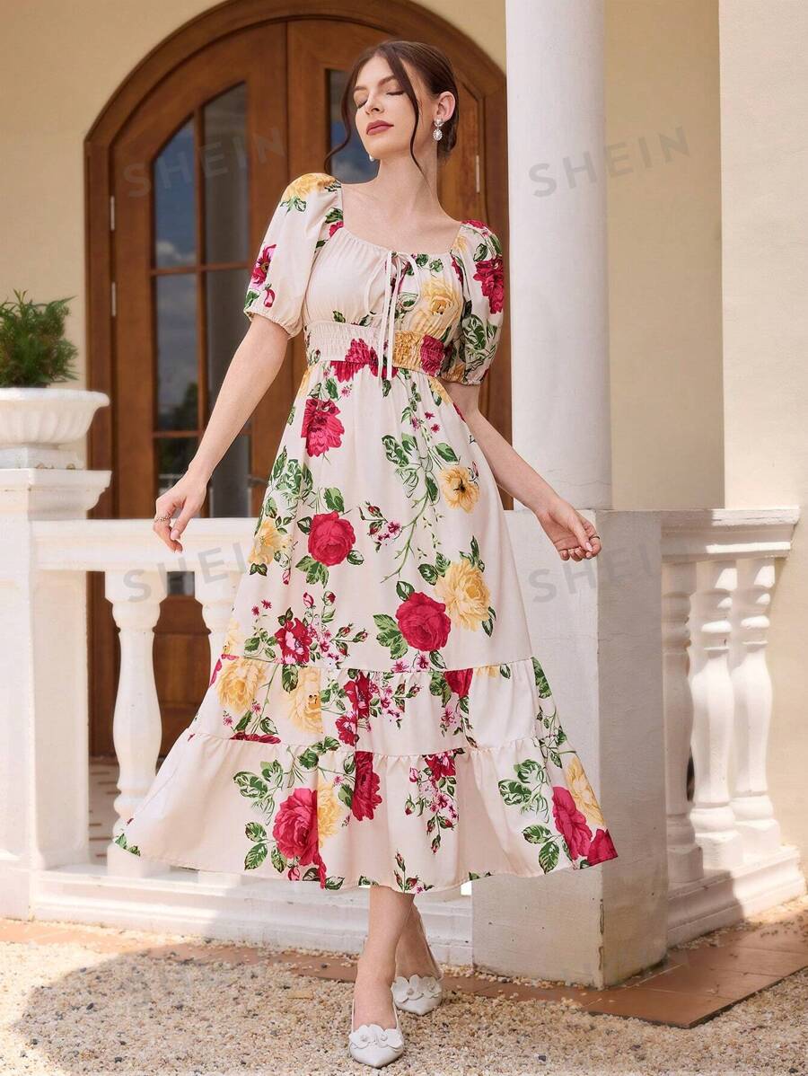 SHEIN Rosie Random Floral Print Square Neck Ruffle Hem Pleated Bust Trim Summer Short Sleeve ...