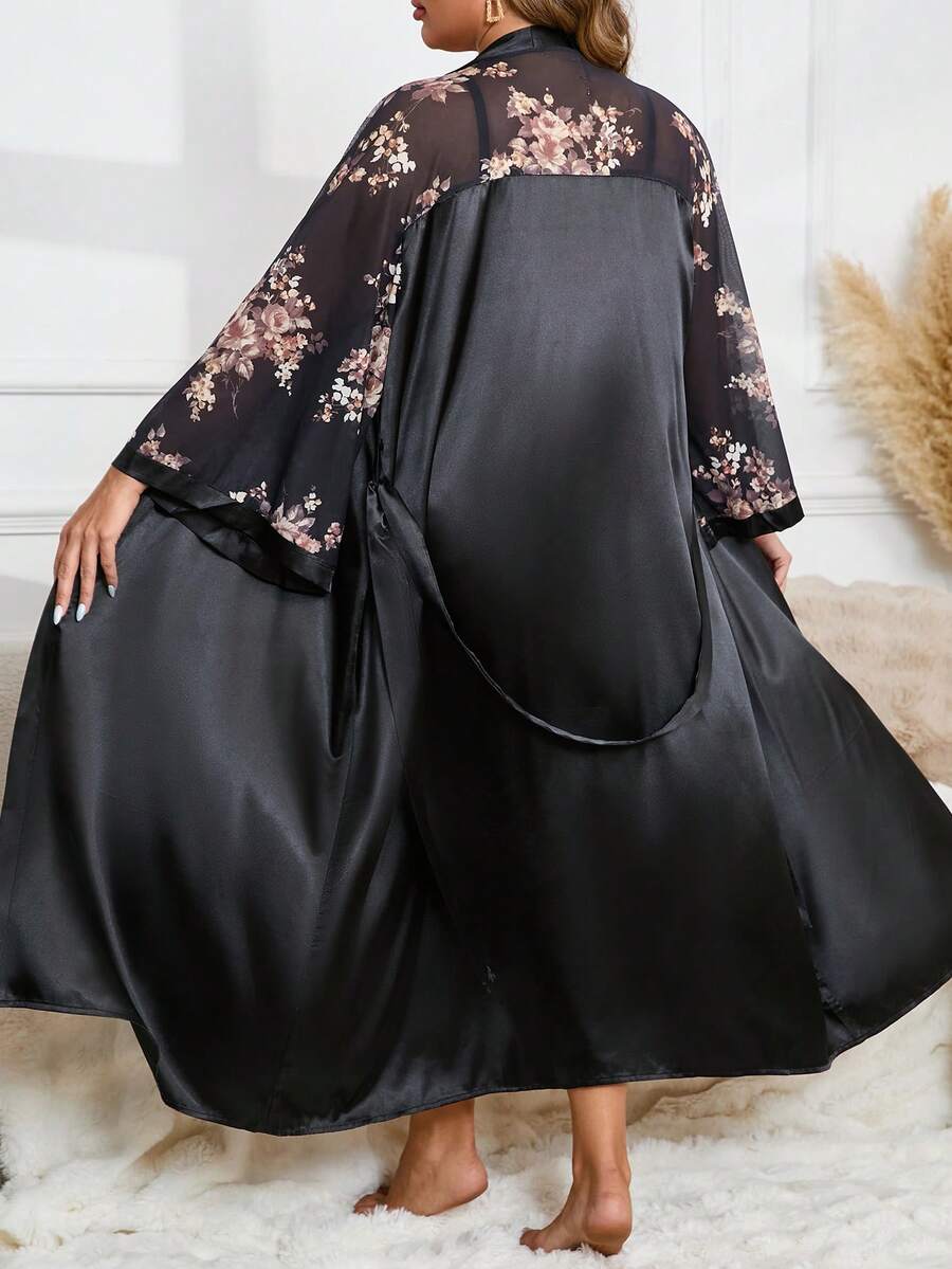 Plus Size Women's Floral Printed Mesh Contrast Design Long Satin Robe ...