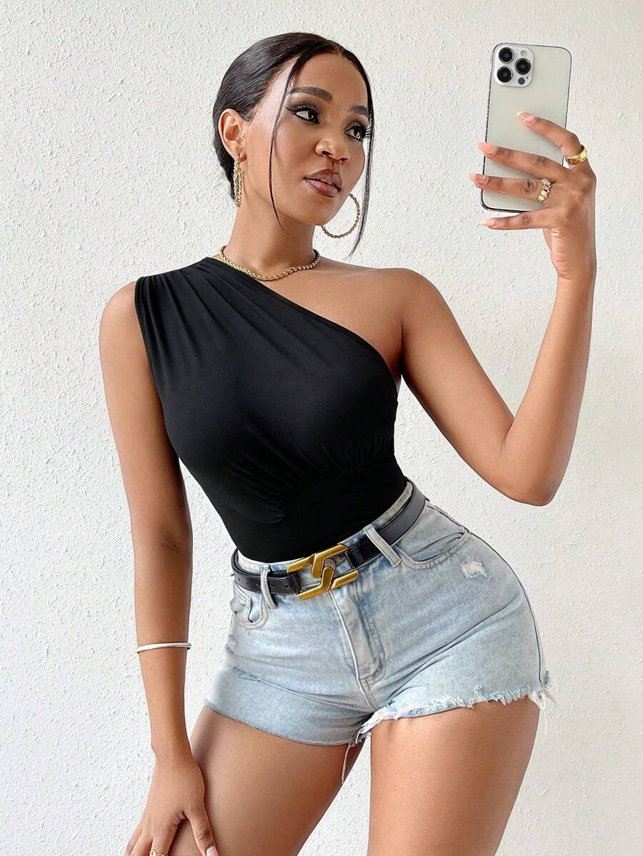 VaVaBold Solid Top,Ladies Casual Ruched Asymmetrical Neck Slim Fit Black Plain Women Tops,Spring ...