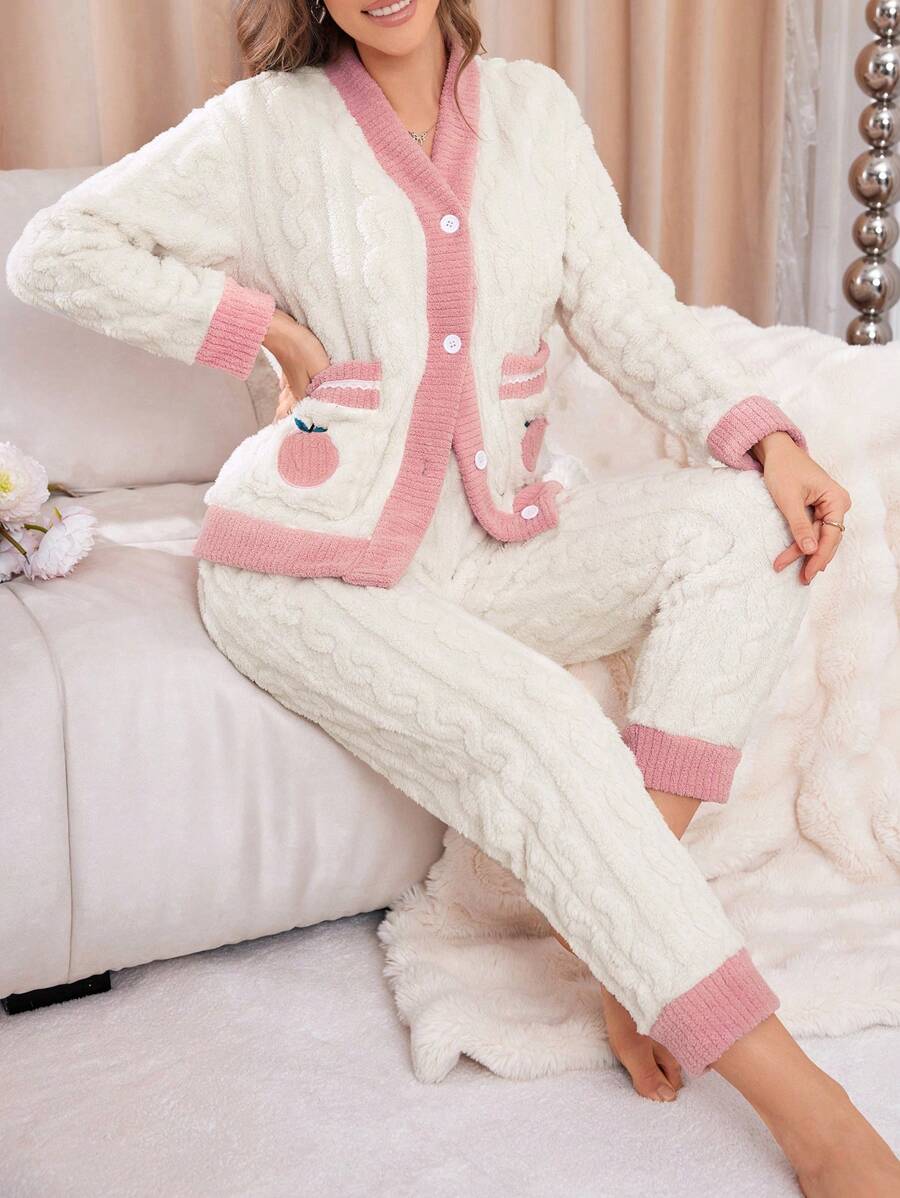 Women Peach Pattern Contrast Color Splice Fluffy Long Sleeve Pajamas ...