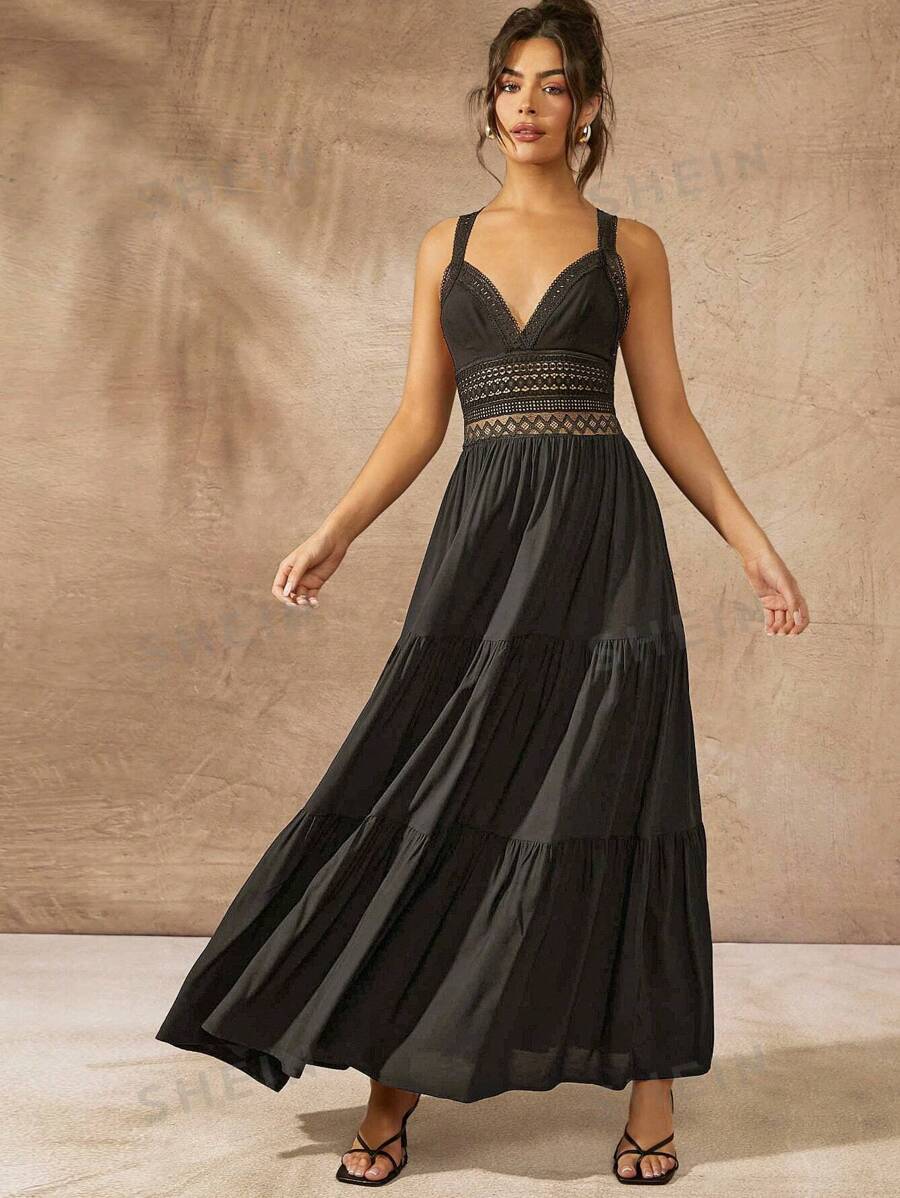 SHEIN Haute Vestido largo con diseño de cortes en la espalda y adorno ...