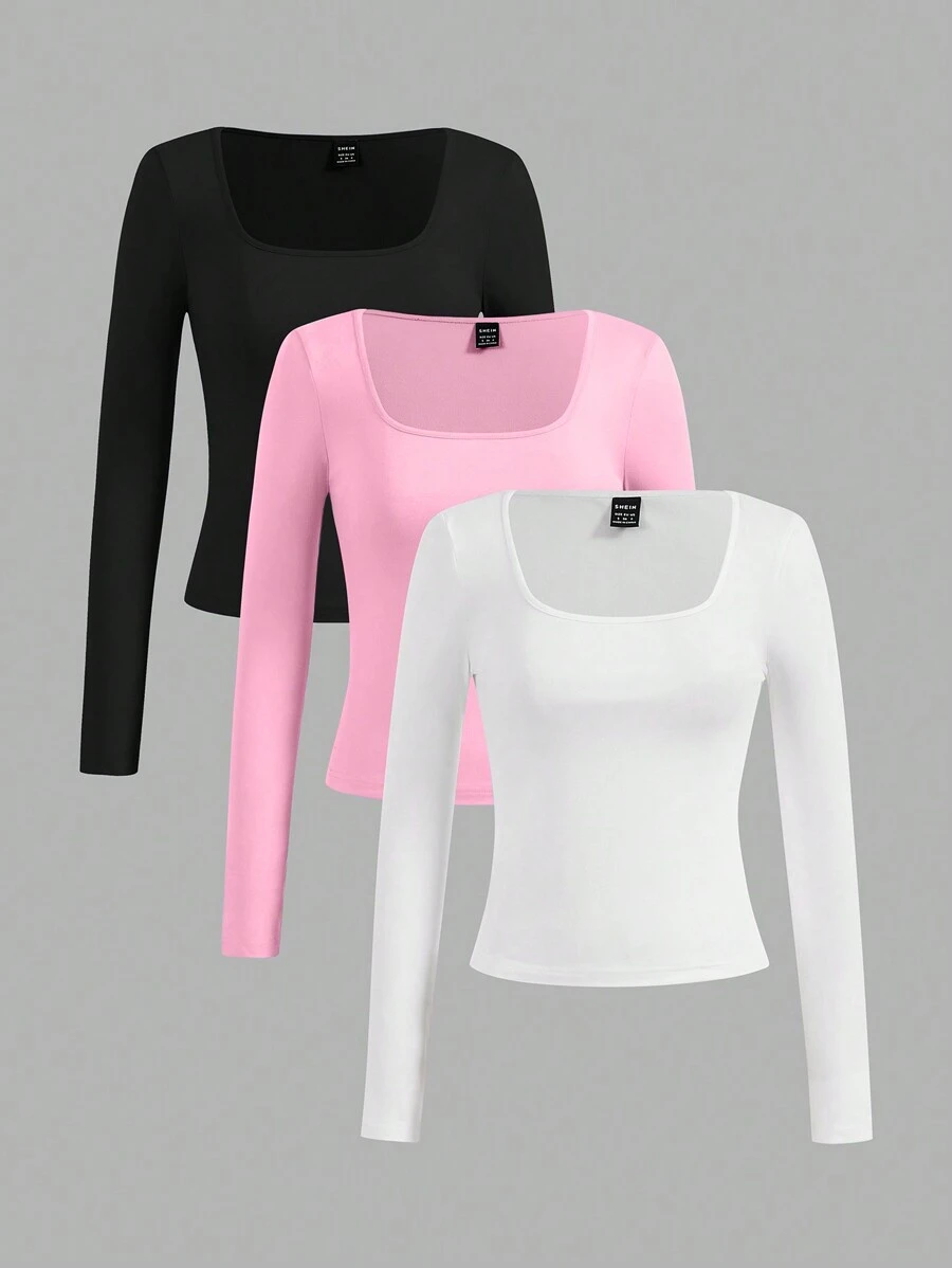 SHEIN EZwear 3pcs Square Neck Long Sleeve Casual Slim-Fit Women T-Shirts, Summer Suitable For ...