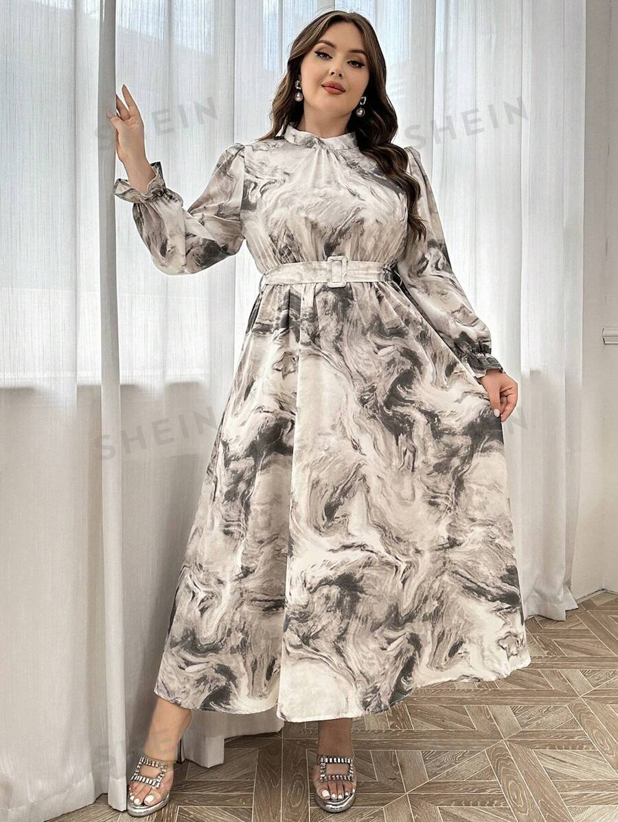 SHEIN Mulvari Vestido largo de manga larga con estampado de teñido anudado, elegante, talla ...