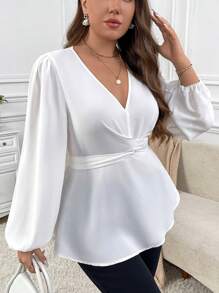 SHEIN Privé Plus Size Women Twist V-Neck Cottage Core French Blouse In ...