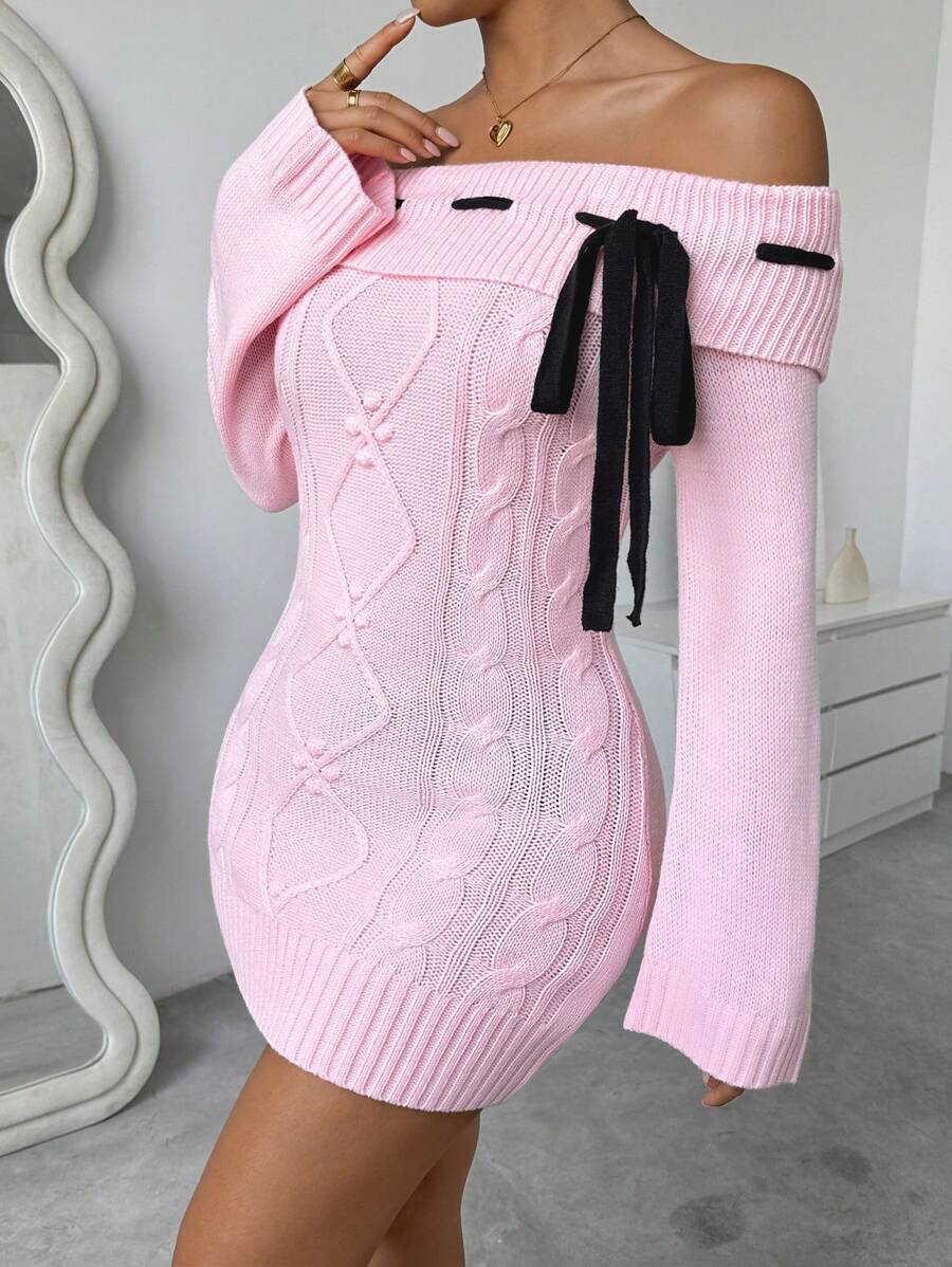 Chiquease Off-Shoulder Color Block Long Sleeve Short Sweater Dress ...