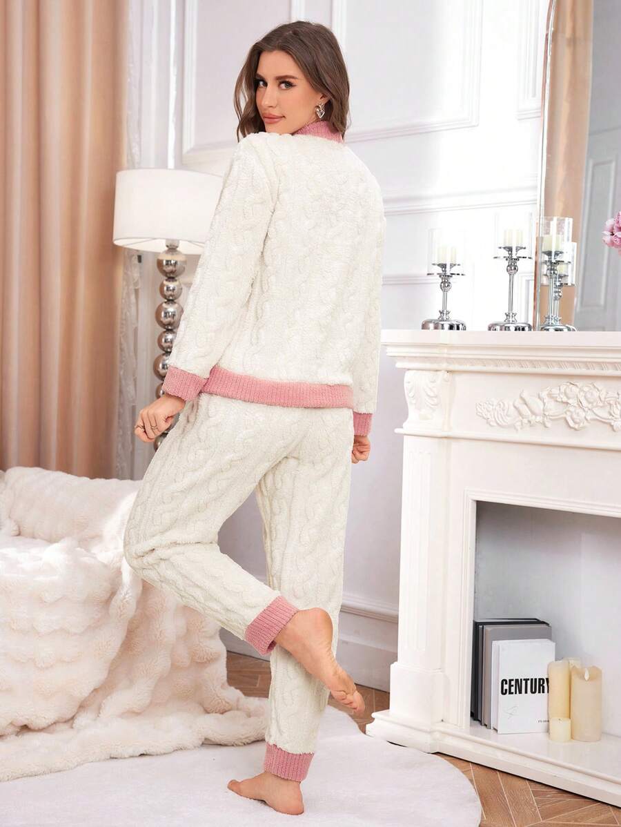 Women Peach Pattern Contrast Color Splice Fluffy Long Sleeve Pajamas ...
