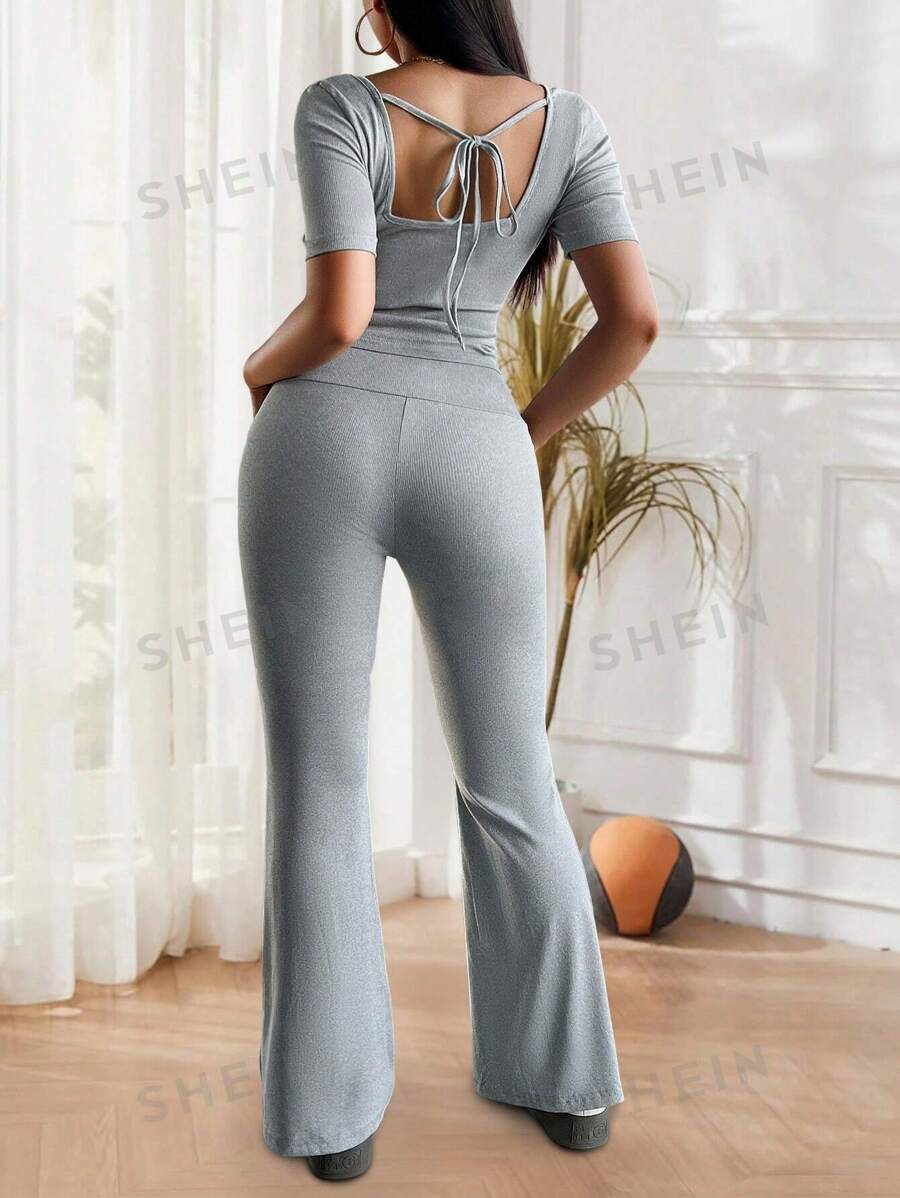 SHEIN Essnce Solid Color Sweetheart Neck Puff Sleeve Cropped Top And Bell Bottom Pants 2-Piece ...