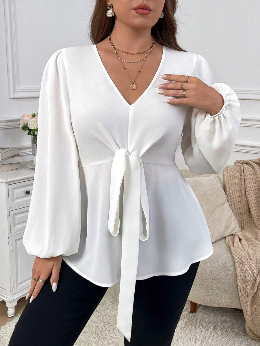 SHEIN Privé Plus Size Women Twist V-Neck Cottage Core French Blouse In ...