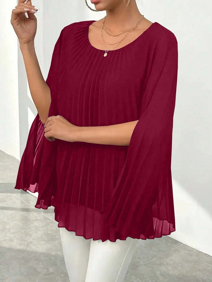 SHEIN Clasi Plus Size Women's Solid Colored Round Neck Cape Sleeve Pleated Loose Elegant Blouse ...