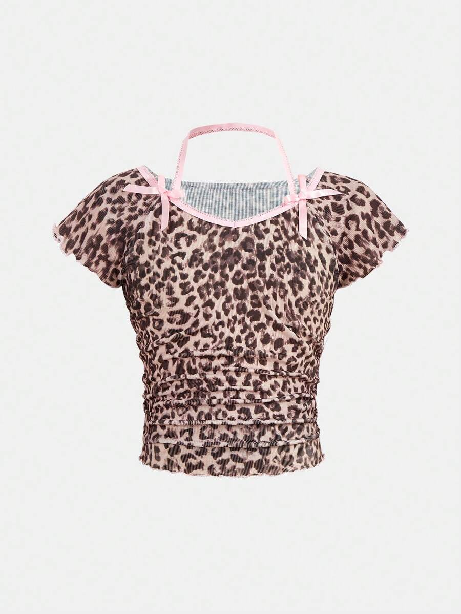 SHEIN Girlism Tween Girls Casual Bowknot Decor Leopard Print Ruched T ...