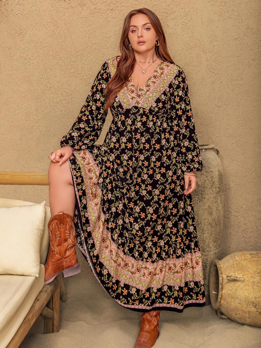 Rusttydustty Damen Große Größen Schwarzes Blumenprint V-Ausschnitt ...