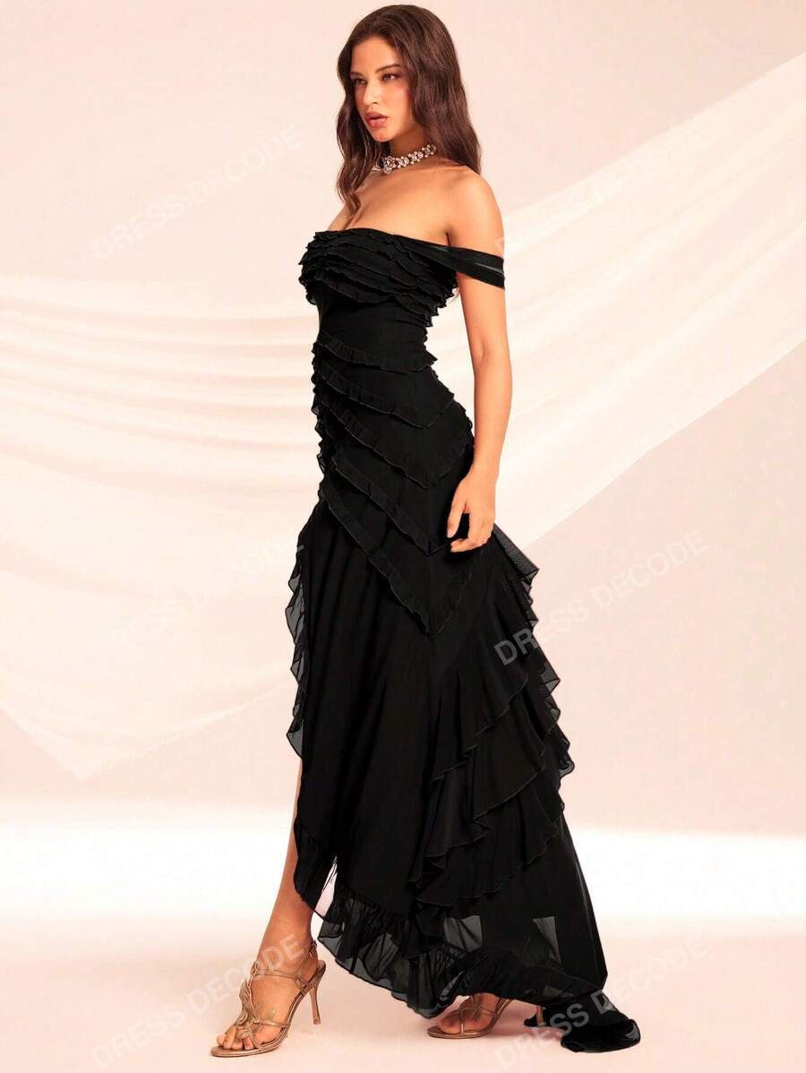 Mesh Ruffle Trim Off Shoulder Ruched Split Thigh Sheer Formal Dress ...