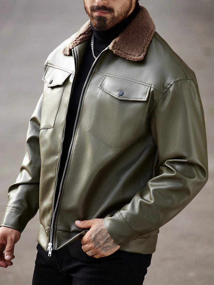 Manfinity Homme Men's Zip-Up Long Sleeve Faux Leather Fashion Motorcycle Jacket & Coat, Men PU ...