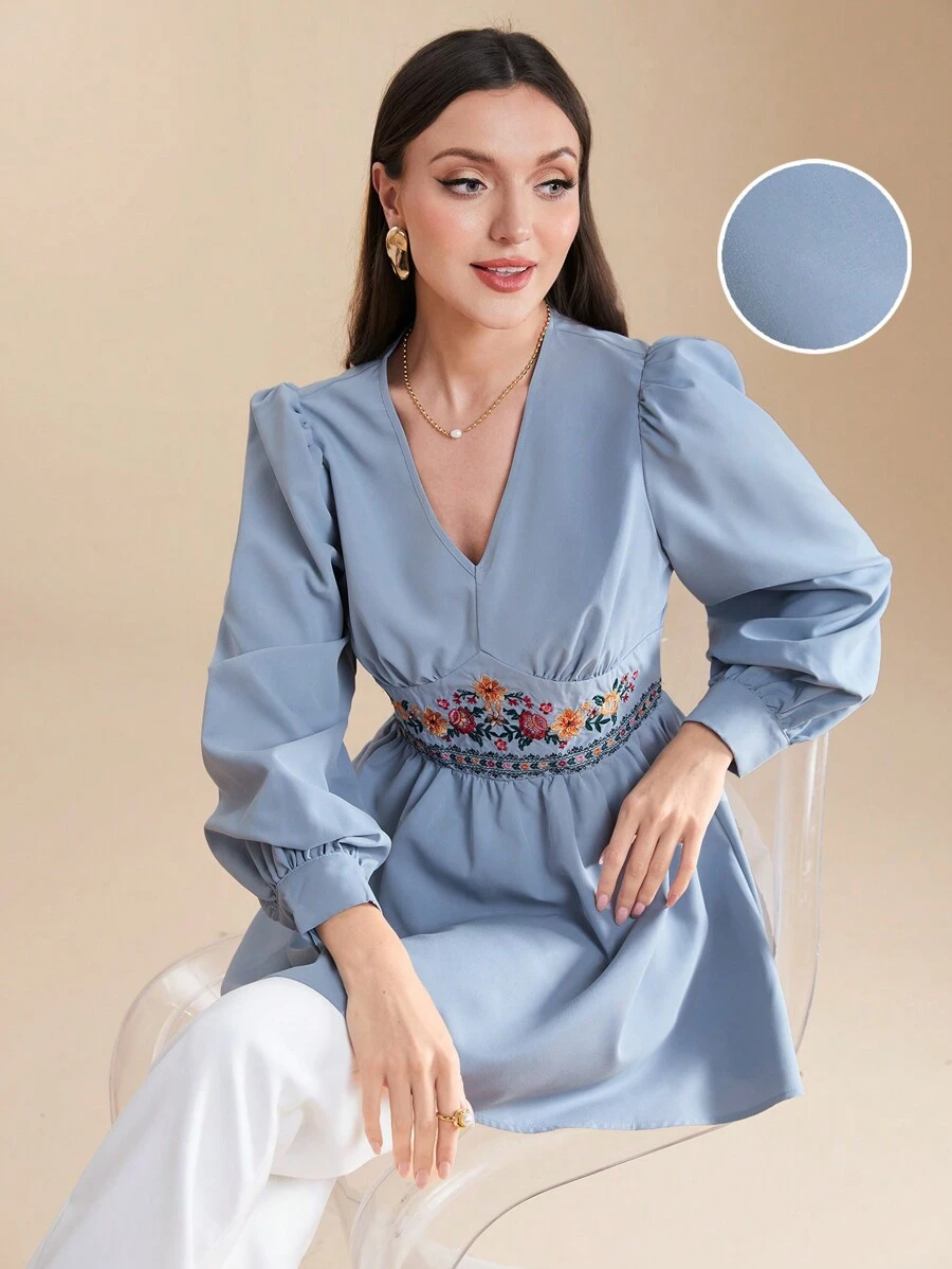 Modelyn Women's V-Neck Lantern Sleeve Floral Embroidery Peplum Shirt | SHEIN USA