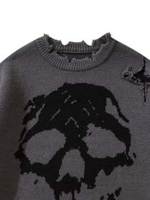 ANDREILEE Skull Graphic Distressed Fringes Crew Neck Casual Sweater For ...