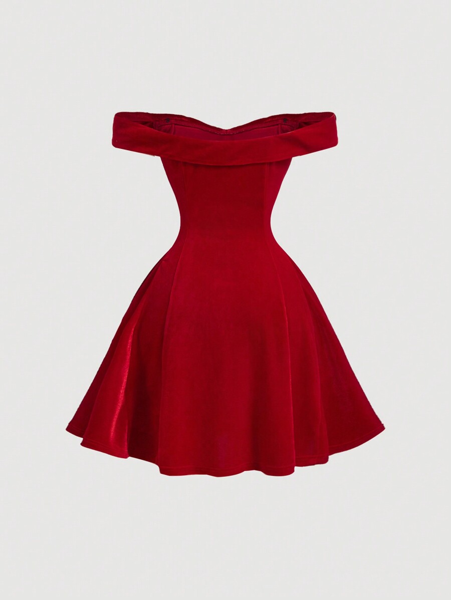 SHEIN Tween Girls Off-The-Shoulder Retro Palace Style Solid Red Velvet ...