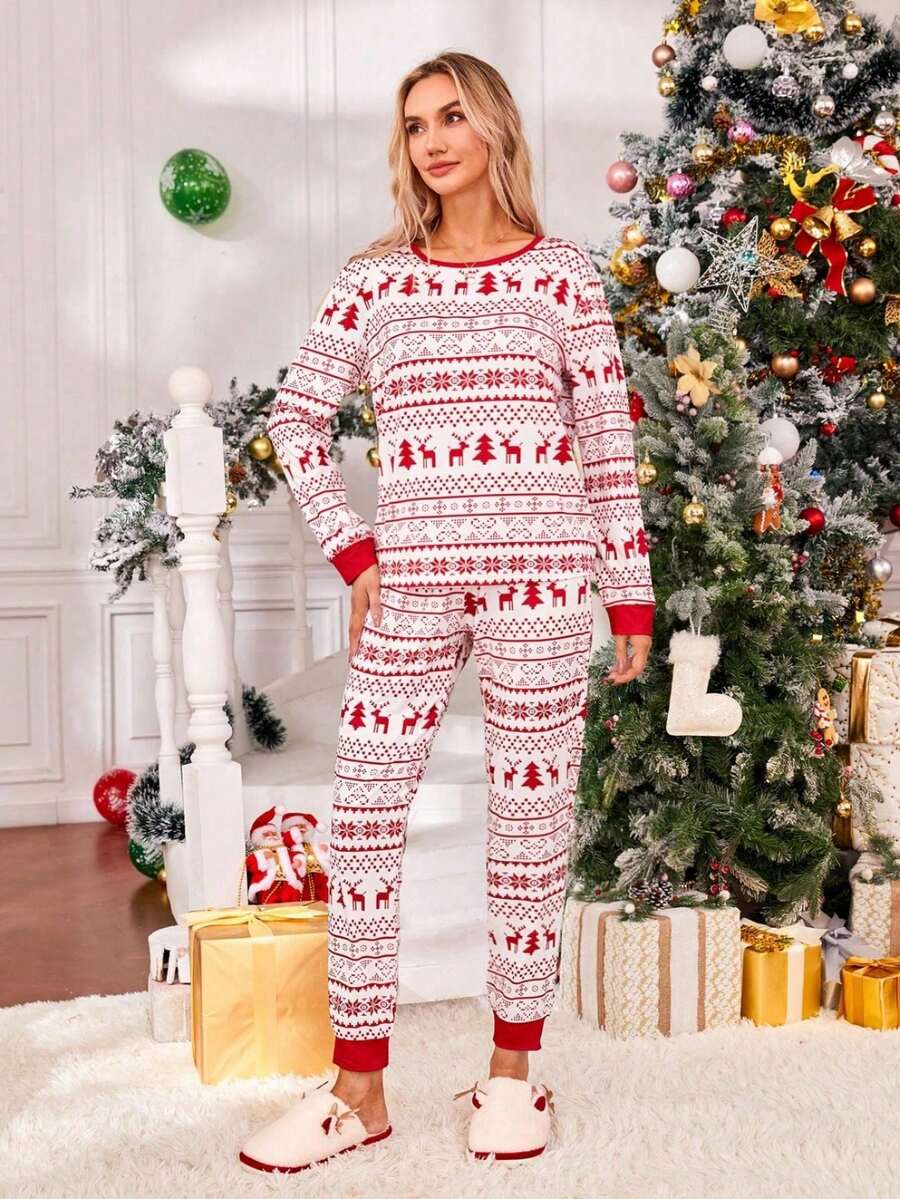 Women's Christmas Pajama Set, Reindeer Fair Isle Print Long Sleeve ...