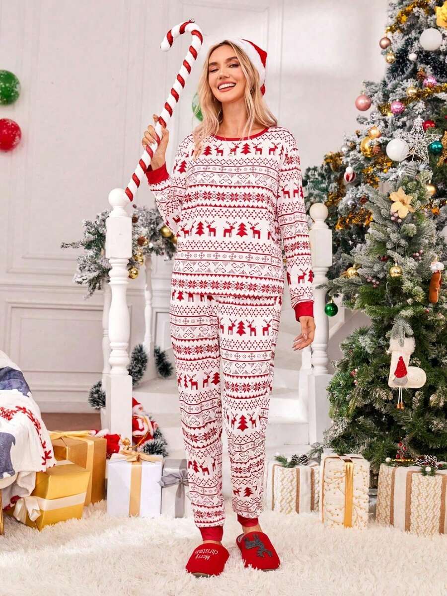 Women's Christmas Pajama Set, Reindeer Fair Isle Print Long Sleeve ...