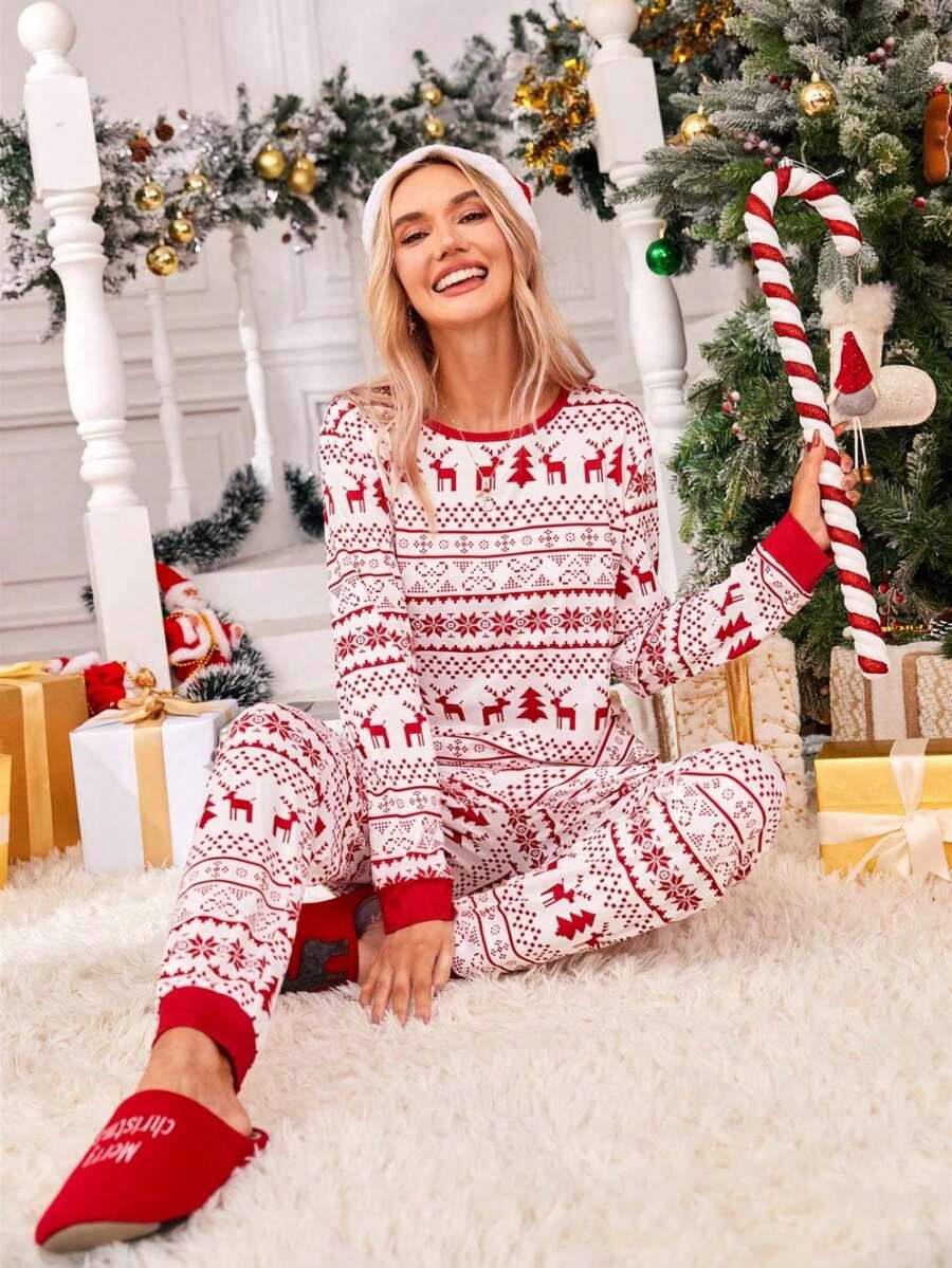 Women's Christmas Pajama Set, Reindeer Fair Isle Print Long Sleeve ...
