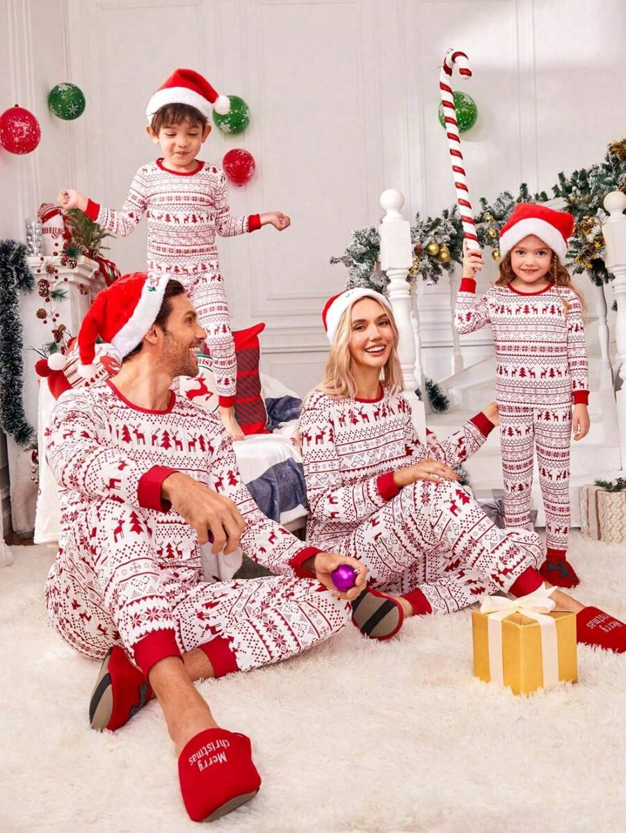 Women's Christmas Pajama Set, Reindeer Fair Isle Print Long Sleeve ...