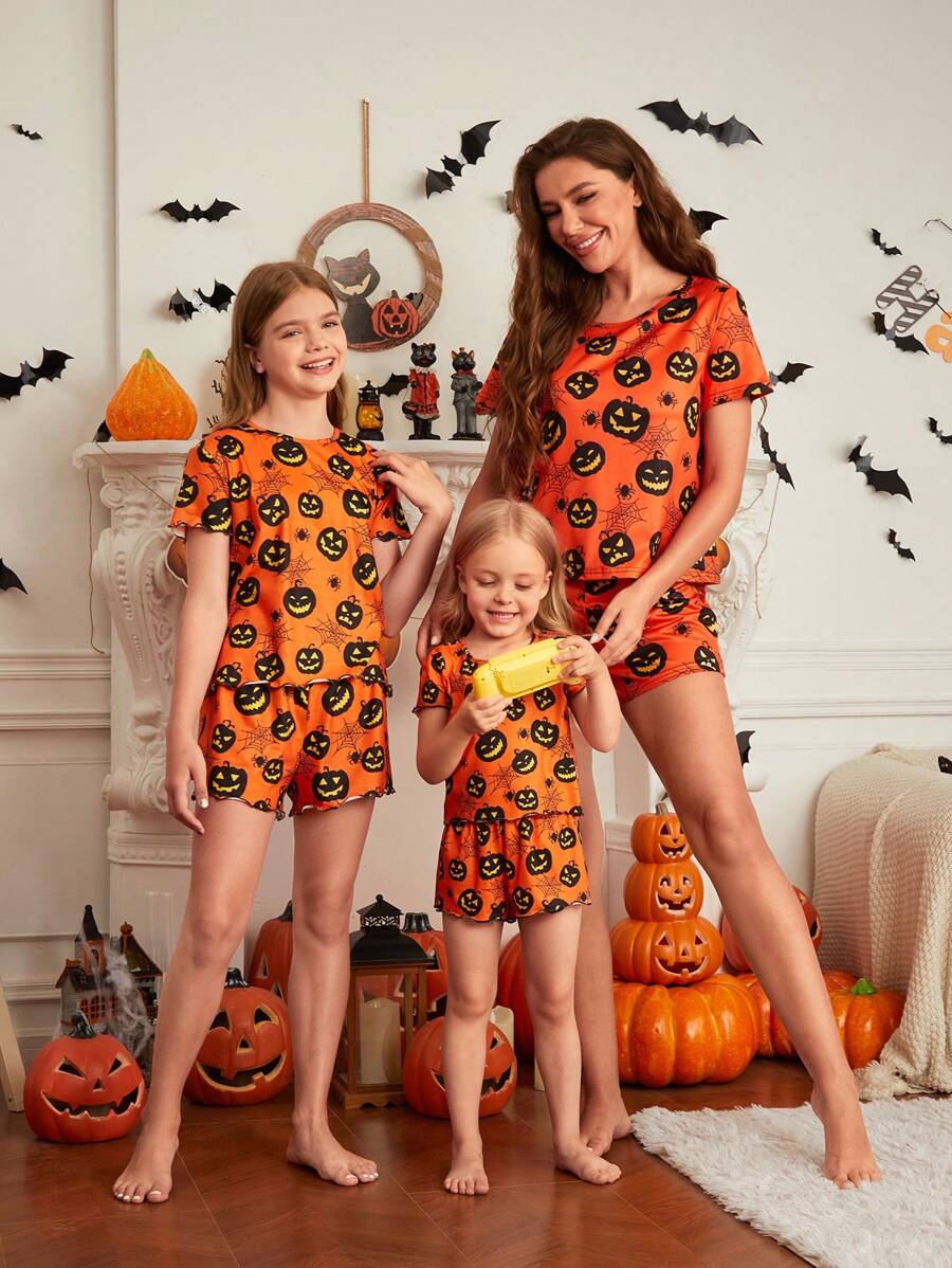 SHEIN 3-Piece Cartoon Pumpkin Print Short Sleeve Top And Shorts Knit ...