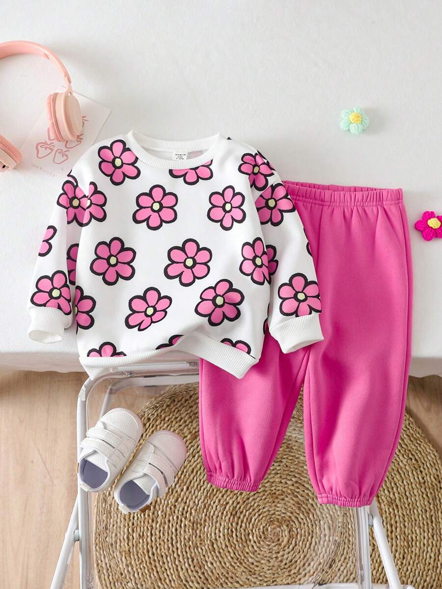 SHEIN 2 piezas Conjunto informal de otoño/invierno para niñas bebés con capucha y pantalones de ...