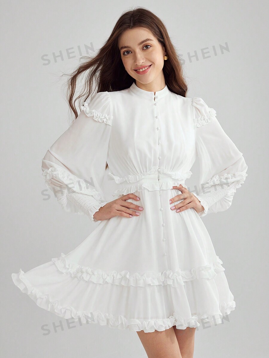 SHEIN X KAREN BARRERA Enchnt Ladies' Stand Collar Solid Color Layered Elegant Long Sleeve Dress ...