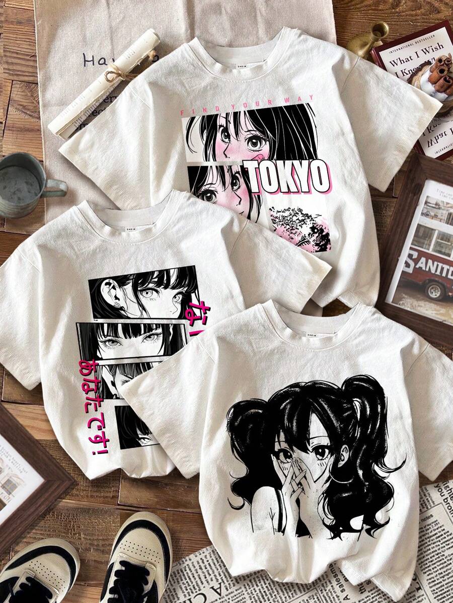 SHEIN 3pcs/Set Anime Character Print, "Cool Girls" Casual Simple Crew ...