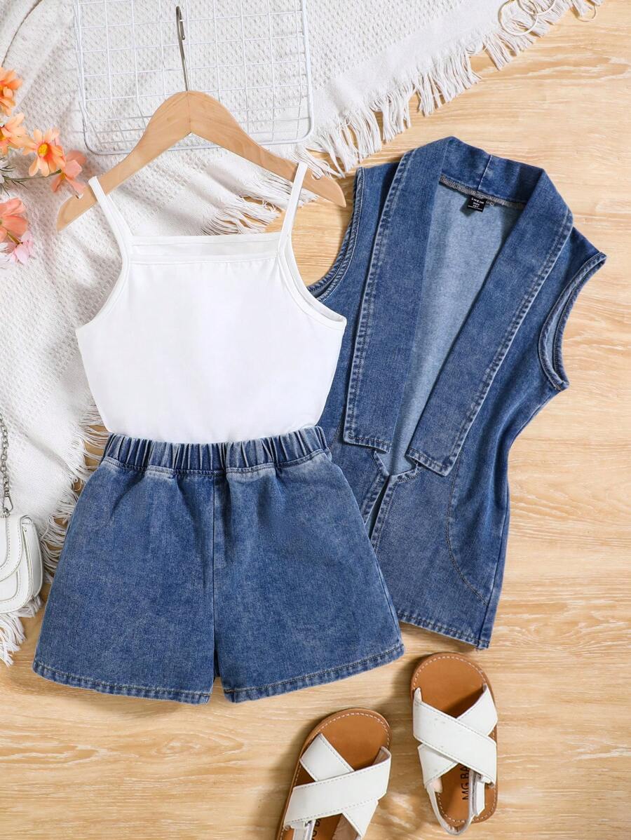 SHEIN Tween Girl Trending Stonewashed Denim Cami Top & Baggy Jeans ...