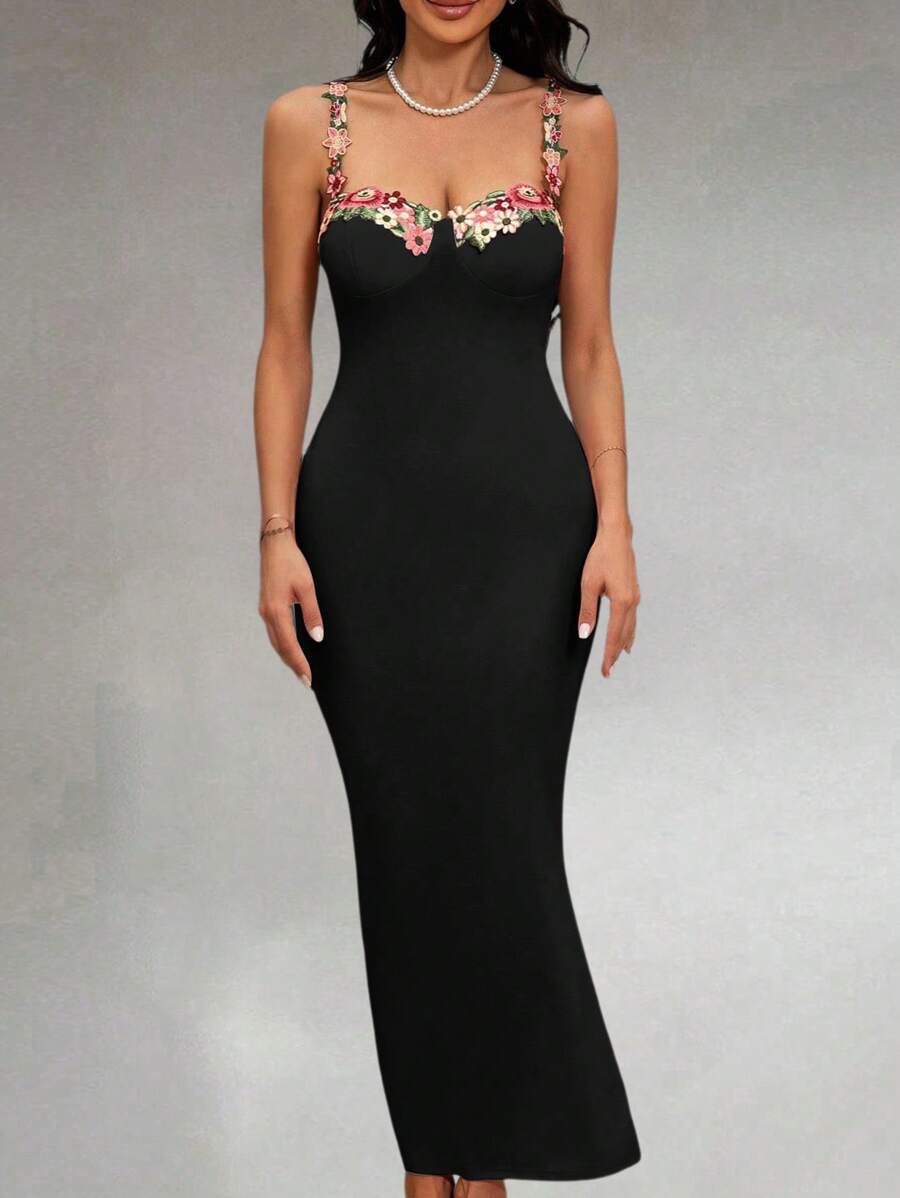 Allurite Elegant Embroidered Patchwork Slim Fit Long Cami Dress For ...