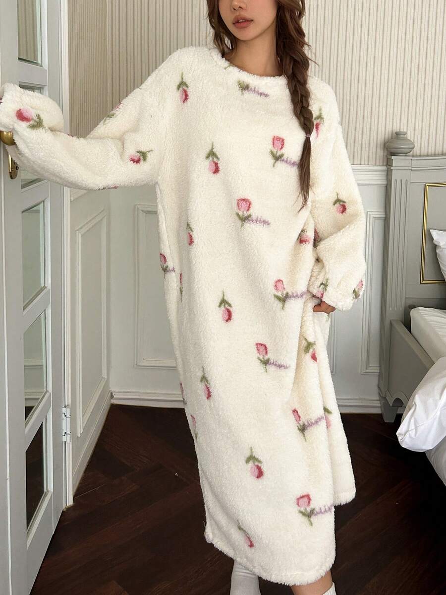DAZY Fluffy & Thick Tulip Pattern Loose Sweet Nightgown | SHEIN USA