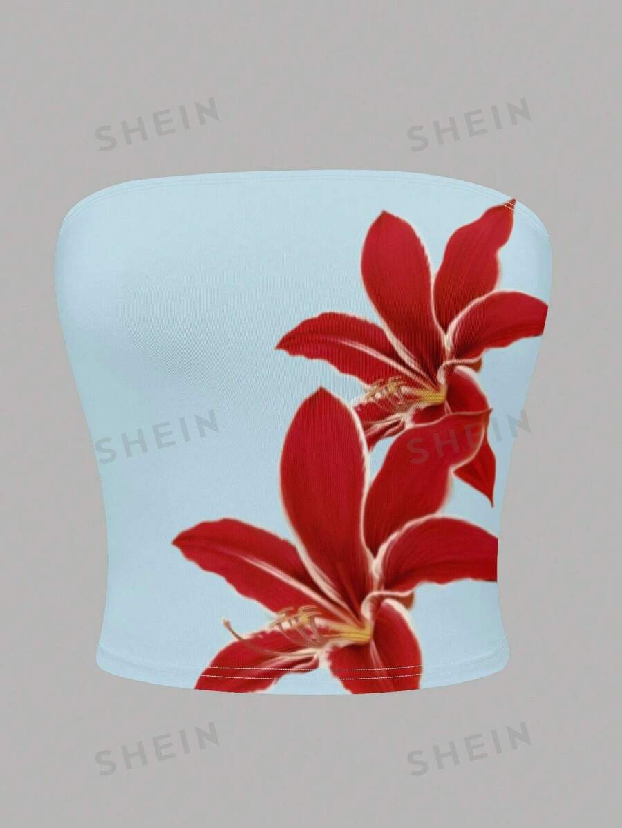 SHEIN EZwear Y2K Hibiscus Flowers Graphic Tube Top | SHEIN USA