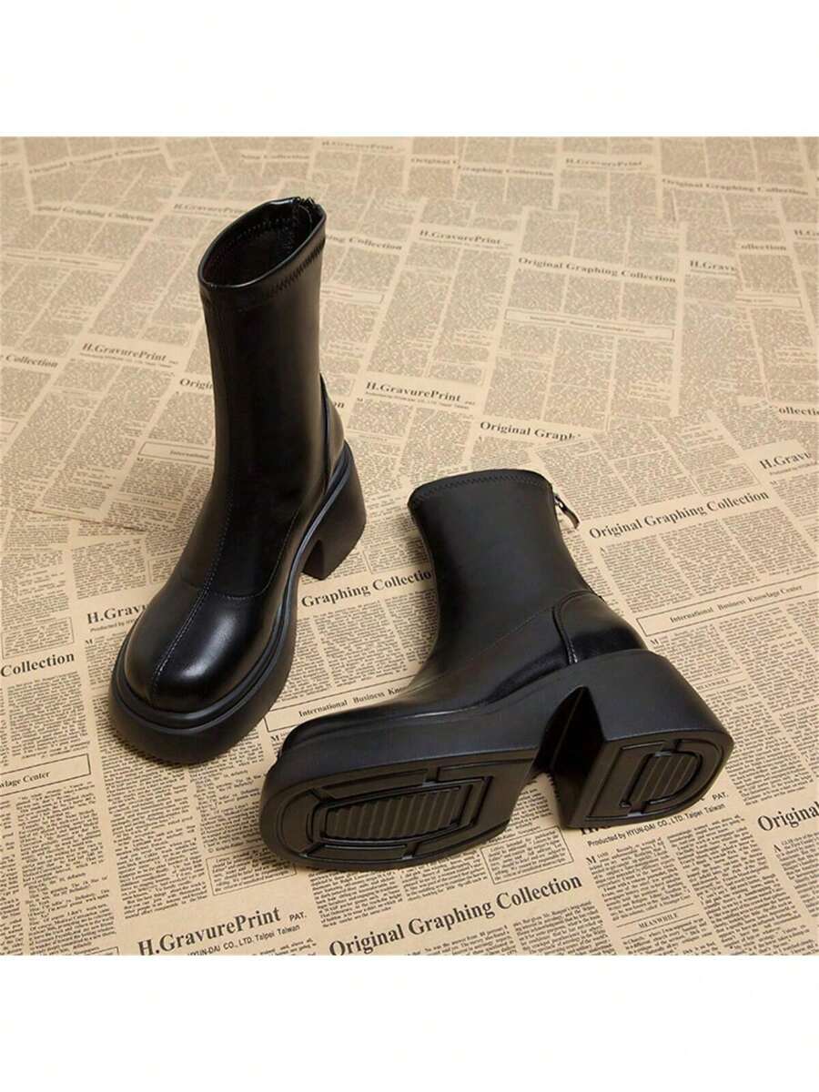 French Style Chunky Heel Boots With Height-Boosting Thick Sole, Round ...