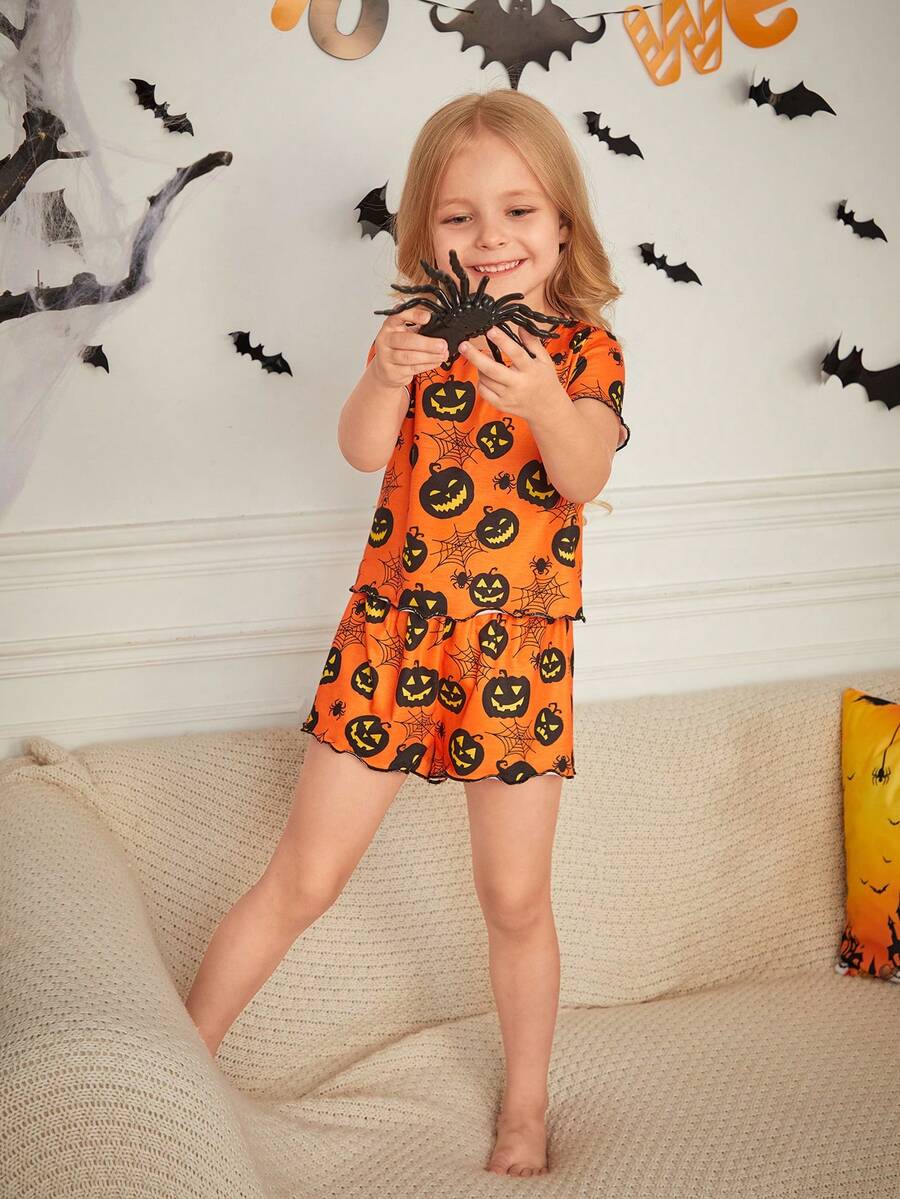 SHEIN 3-Piece Cartoon Pumpkin Print Short Sleeve Top And Shorts Knit Comfy Halloween Theme ...