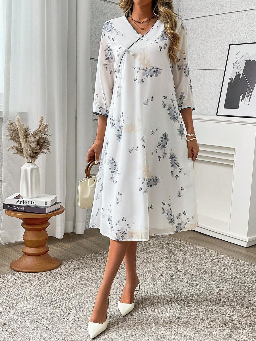 Chiquease V-Neck Floral Print Casual Chinese Style Woven Dress | SHEIN USA