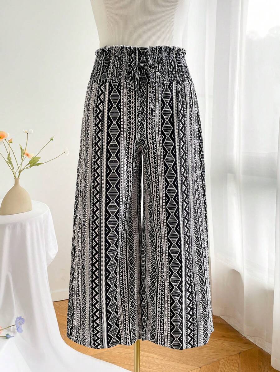 SHEIN WYWH Vintage Geometric Stripe High Waist Pleated Curved Hem Wide ...