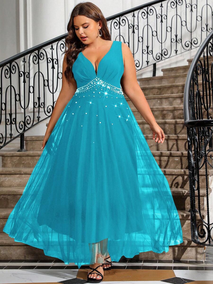 Cravure Plus Size Rhinestone V-Neck Backless Sequin Loose Fashionable ...