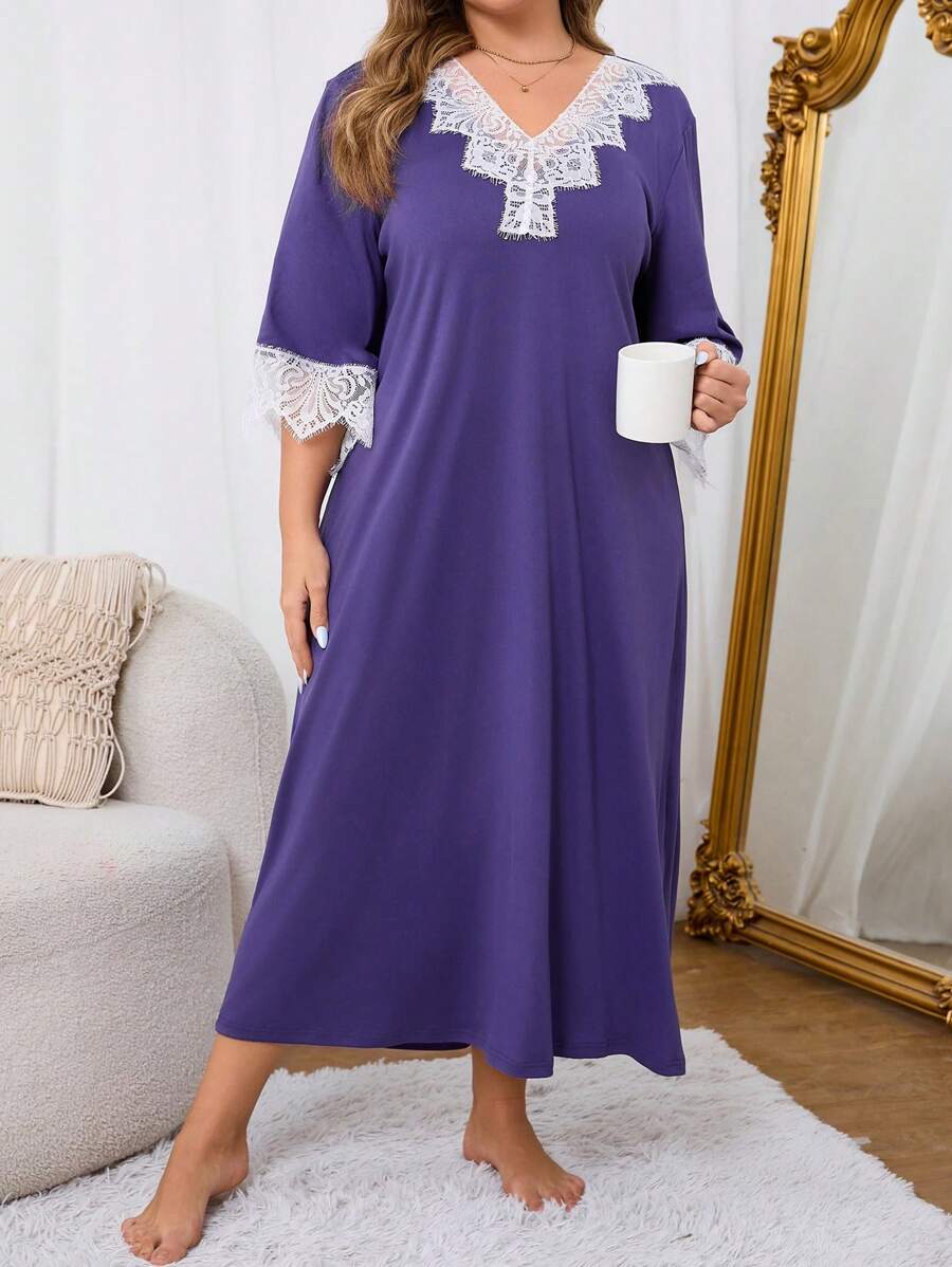 Plus Size White Lace Trim Soft Milk Silk Fabric Mid-Length Nightgown ...