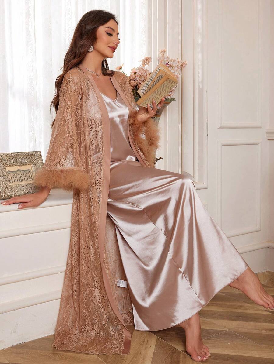 Women 3pcs Lace Contrast Hollow Robe, Satin Nightgown, And Shorts ...