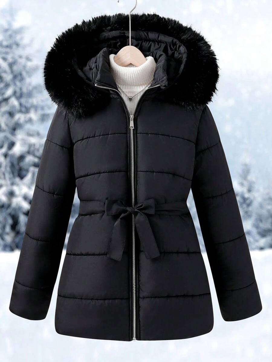 Teen Girl Black Fuzzy Hooded Padded Coat, Fall/Winter | SHEIN UK