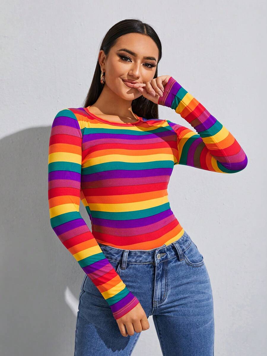 SHEIN Essnce Women's Spring And Autumn Casual Rainbow Stripe Long ...