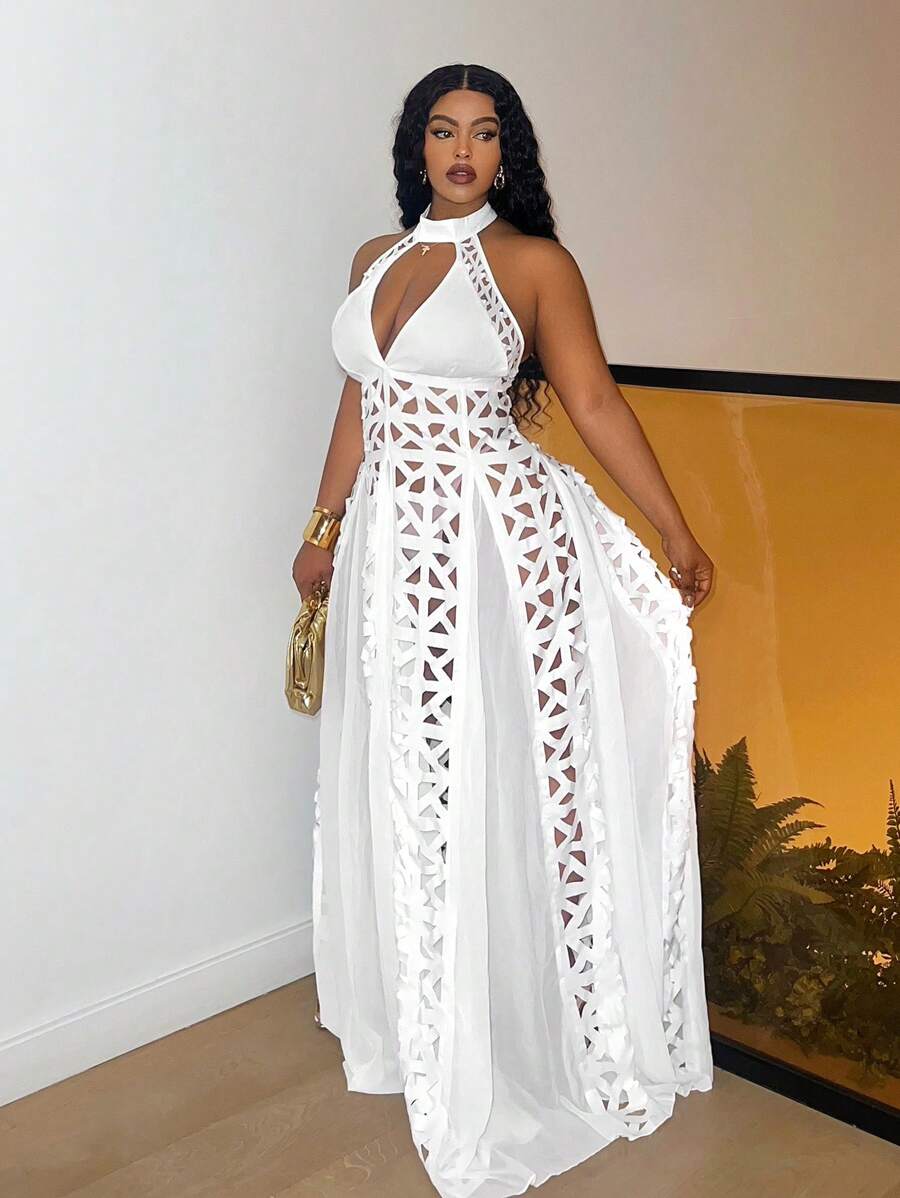 Slaydiva Plus Size White Lace Floral Lightweight Cocktail Party Dress ...