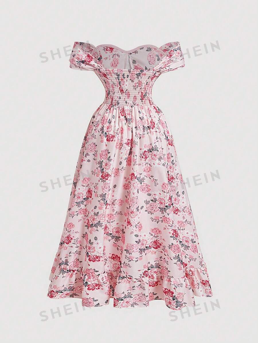 Shein Mod Plus Size Blue Summer Holiday Date Flower Print Off-shoulder