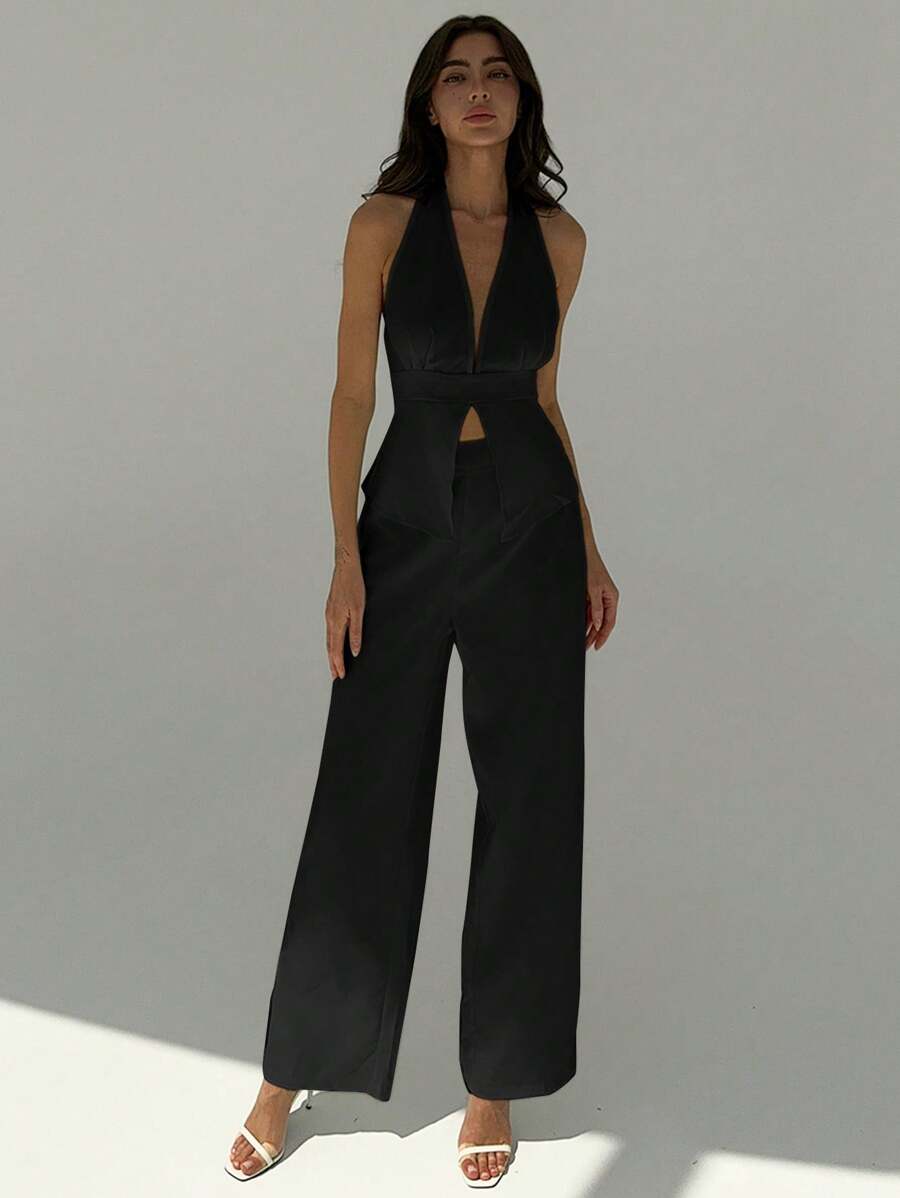 Aloruh Elegant & Sexy Deep V-Neck Backless White Vest With High-Waisted ...