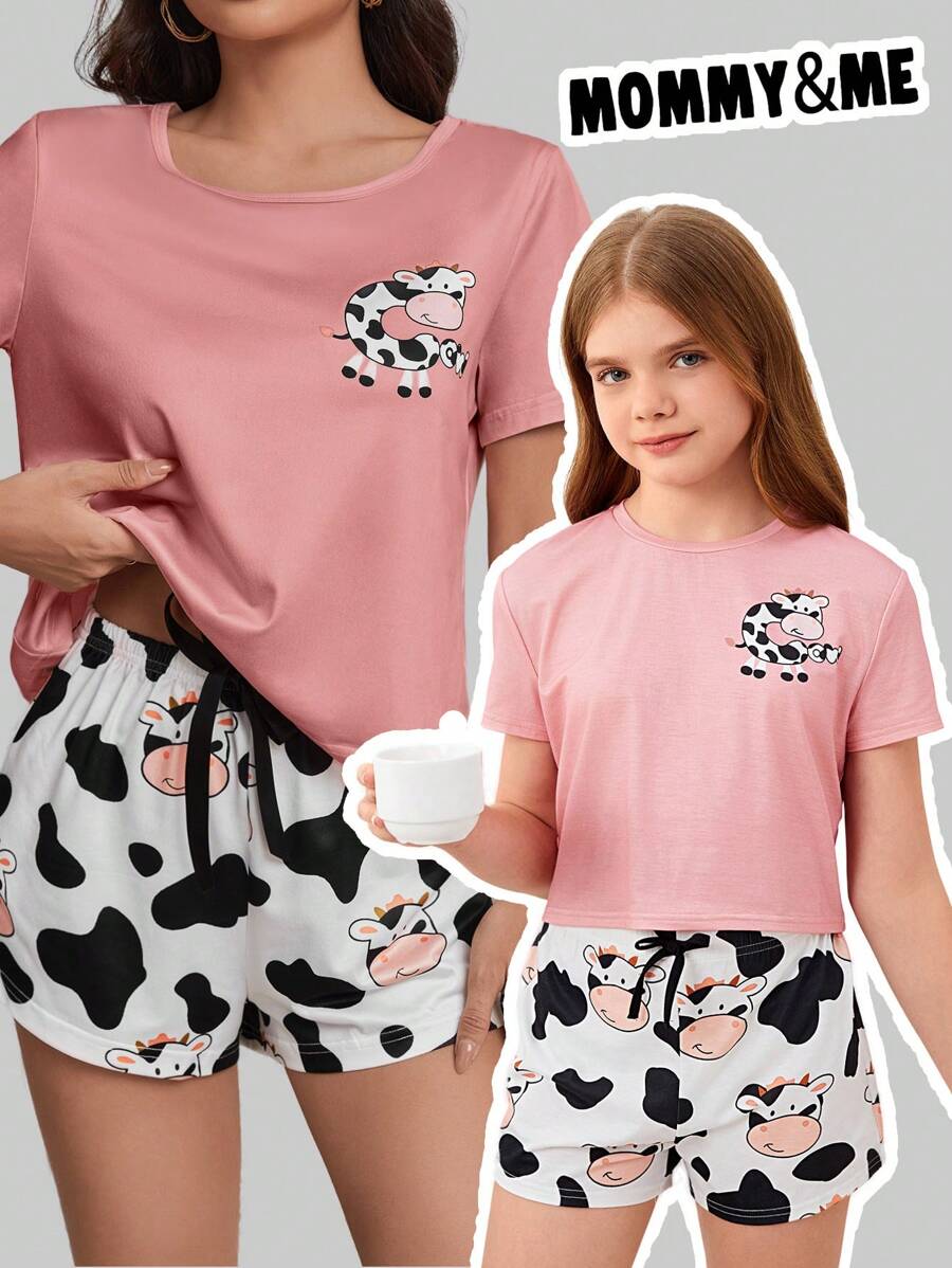 SHEIN Tween Girl Cute Cow Pattern Short Sleeve Shorts Summer Soft Flame ...