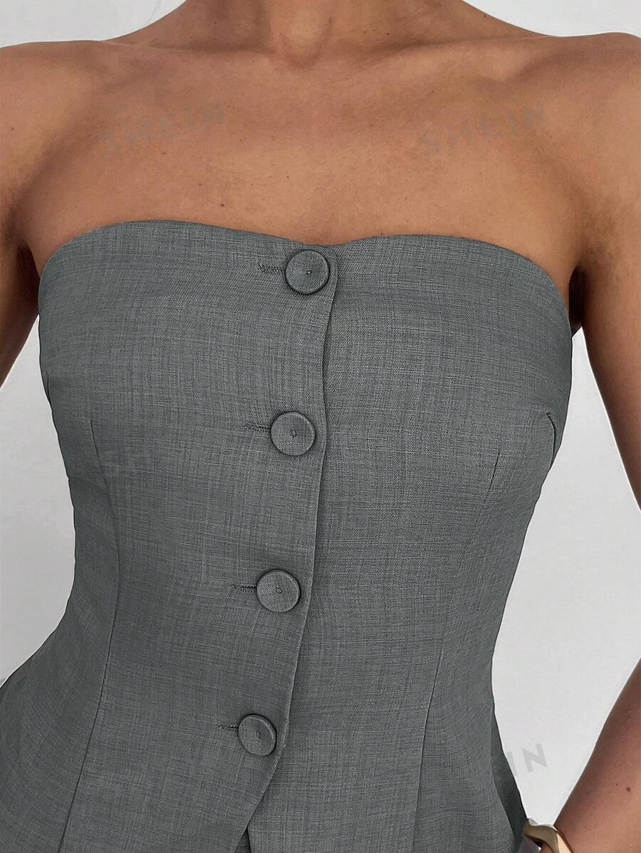 SHEIN Essnce Women's Strapless Suit Set, Grey, For Office Wear ...