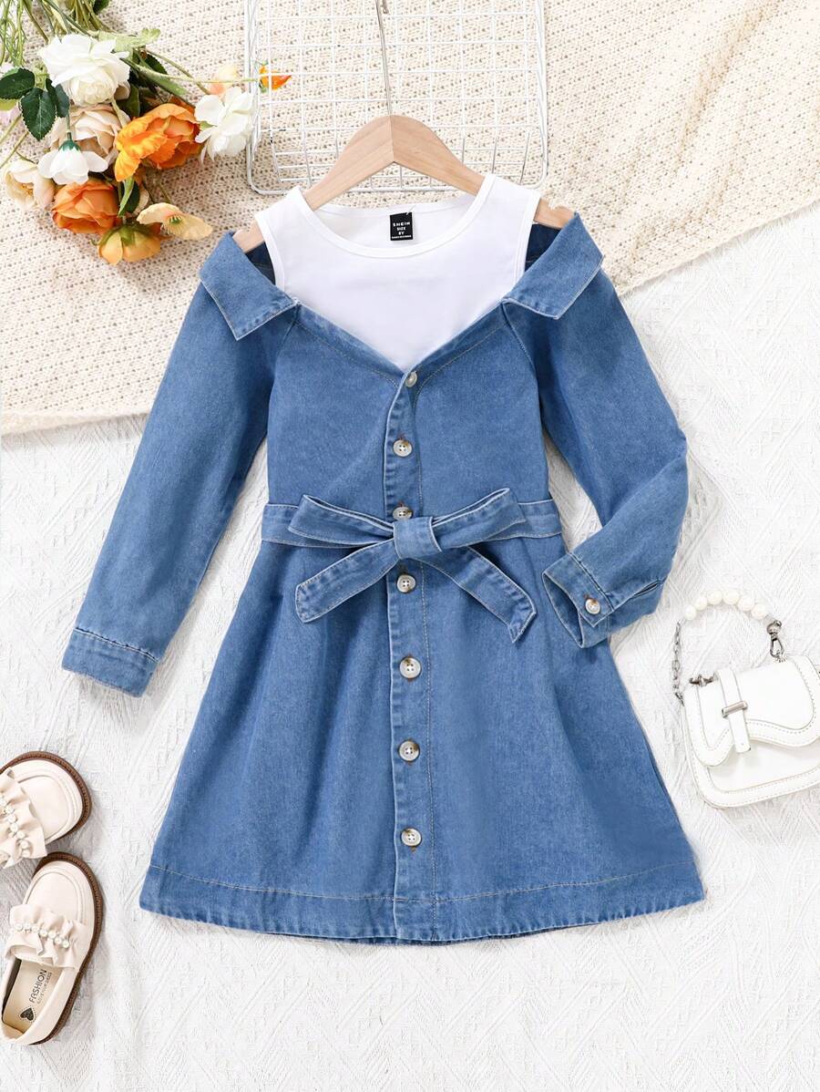 SHEIN Streecool Kids Vestido informal de mezclilla azul suelto 2 en 1 ...