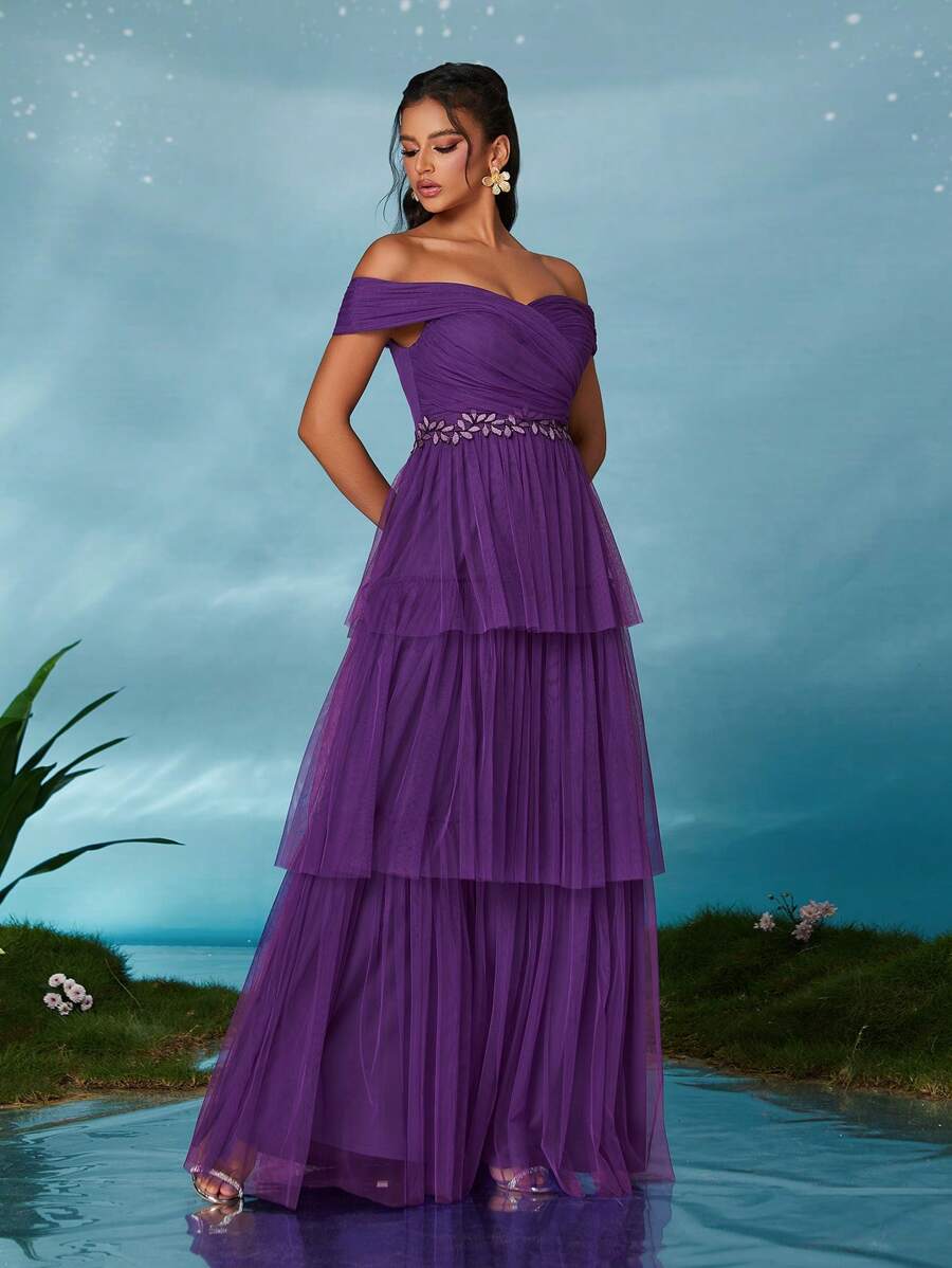 Robe de soirée maxi asymétrique à épaules dénudées multicouche en ...