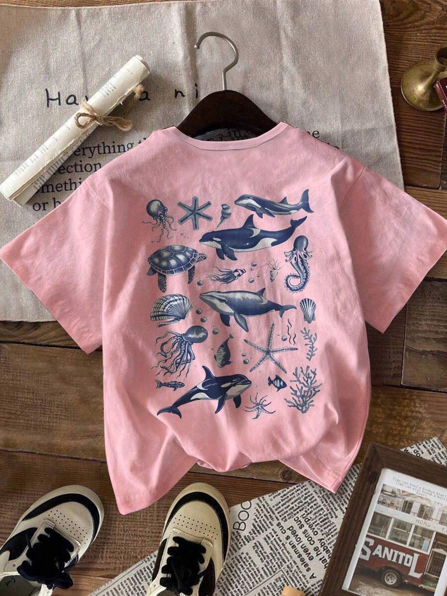 Young Girl Cute Ocean Creatures Fish School Print T-Shirt, Comfortable ...